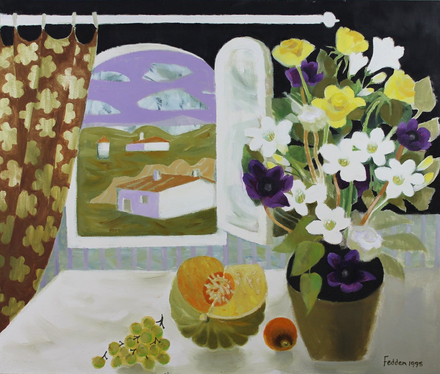 Mary Fedden RA - Still Life with Flowers and Fruit by an Open Window
